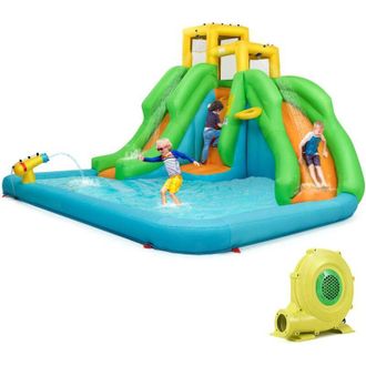 Costway H&uuml;pfburg mit Gebl&auml;se, Wasserpark mit Zwei Rutschen, Kletterwand, Basketballkorb, Planschbecken und Wasserkanone, inkl. Tragetasche, Reparaturset