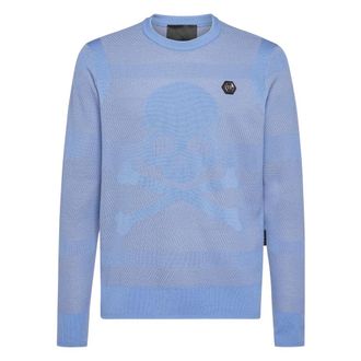 Philipp Plein Homme, Pulls, Bleu, Taille: 2XL Wool/Silk Pullover Round Neck Skull & Bones