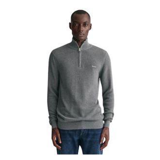 GANT Homme, Pulls, Gris, Taille: M Pull Classique en Piqué de Coton avec Demi-Zip