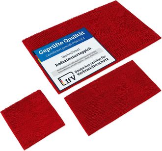 WohnDirect Badematten Set 3 teilig Rot - WC Vorleger (45x45cm), Badematte (50x80cm,70x120cm) - rutschfest waschbar Badezimmerteppich OHNE WC-Ausschnitt