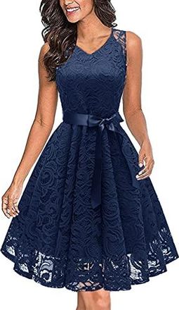 Onsoyours Robe De Cocktail Au Genou Brodée Florale sans Manches À Col Ras du Cou pour Femme Robe Floral Halter Neck V Profond Asymétrique avec Dentelle A Bleu F