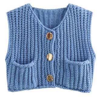 Feoya Damen &Auml;rmellos Pullover Weste Crochet Chunky Knit Crop Top &Auml;rmellose Strickjacke Pullover Tank Top mit Taschen Blau S