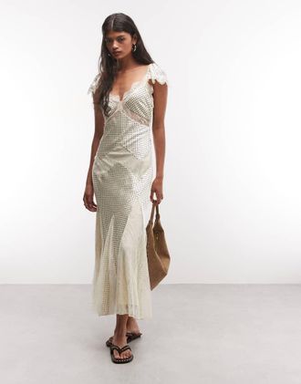 Reclaimed Vintage Maxi-Tee-Kleid mit Spitzeneins&auml;tzen und Polka-Dot-Muster-Wei&szlig;