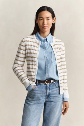 GANT Damen Gestreifte Zopfstrick Strickjacke (XXL) OAT BEIGE