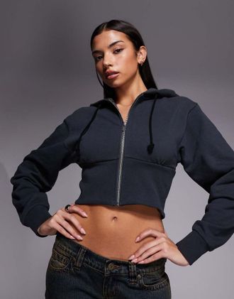 Abrand Cropped-Kapuzenjacke in Anthrazit mit &uuml;berschnittenen Schultern-Grau