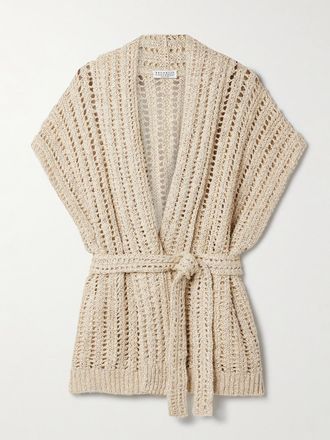 Brunello Cucinelli Cardigan En Mailles Ajour&eacute;es &Agrave; Sequins Et &Agrave; Ceinture - Neutres