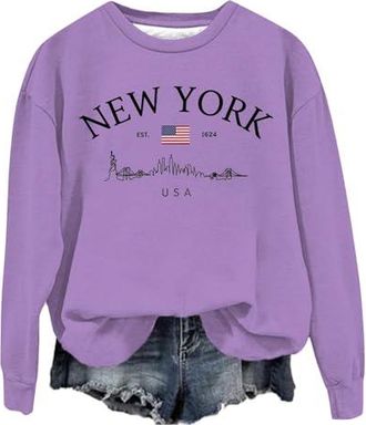 Generic Sweat-shirt d&eacute;contract&eacute; pour femmes avec col rond et poche, New York City, imprim&eacute; de lettres anglaises pour No&euml;l, lilas, M