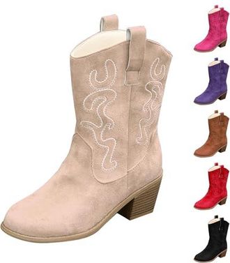 Generic Bottes de cowboy pour femme, talon bloc &eacute;pais &agrave; enfiler, bottines r&eacute;tro &agrave; bout pointu pour concert, mariage, bottes de cowgirl occidentales &agrave; mollet l