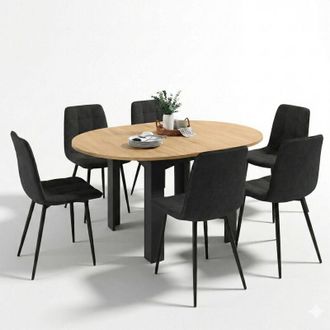 IDMarket Ensemble table &agrave; manger extensible ronde DONA noire plateau fa&ccedil;on h&ecirc;tre 110 - 150 cm et 6 chaises MILA velours noir