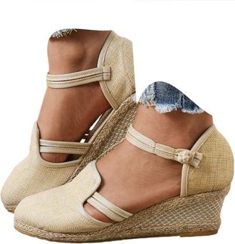 Generic Sandales d&eacute;t&eacute; habill&eacute;es pour femme avec sangle de cheville, bout ferm&eacute;, espadrilles compens&eacute;es &agrave; boucle, sandales habill&eacute;es d&eacute;contract&eacute;es ferm&eacute;es &agrave; bo