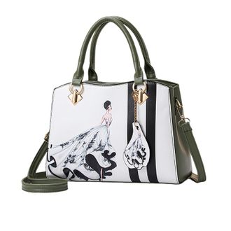 Nicole & Doris Damen Handtasche Elegante Mittelgroß Umhängetasche Muster Henkeltasche Retro Handtaschen PU Leder Schultertaschen mit Anhänger Grün
