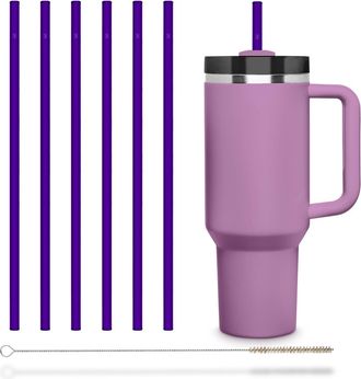 Halm HALM Lila Glasstrohhalme 6x 30 cm lang für Stanley Cup Quencher Tumbler & Flaschen bis 1,2 Liter + Reinigungsbürste Spülmaschinenfest - Wiederverwendb