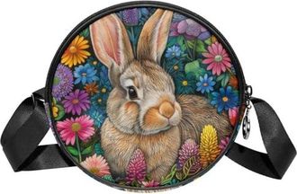 Generic Petit sac &agrave; bandouli&egrave;re circulaire pour femme, motif floral, lapin, sac &agrave; dos &agrave; bandouli&egrave;re avec fermeture &eacute;clair, bretelles r&eacute;glables, sac &agrave; main ron