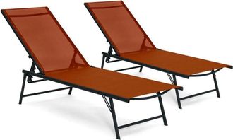 IDMarket Lot de 2 transats de jardin inclinables KAILUA en acier gris anthracite et toile terracotta