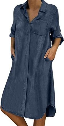 Generic 2025 Automne Hiver Robe Ample Col en V Femmes Manches Longues Solide Casual Denim Robe Bouton Poche Femmes Casual Col Rond Manches Longues Midi, bleu 