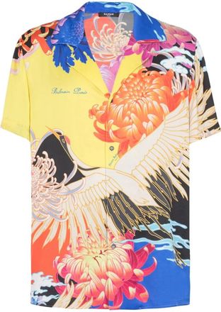 Balmain Kurz&auml;rmeliges Pyjama-Oberteil aus Satin mit Kranich-Print - - Shirts - Herren - Mehrfarbig - L