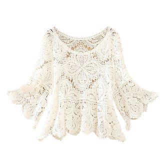 Generic Oberteil Damen H&auml;kel Pullover Halb&auml;rmeliges Festlich Damenpullover Leichte H&auml;keloberteile f&uuml;r Damen Rundhals Boho Strickpullover Einfarbig Sweatshirts