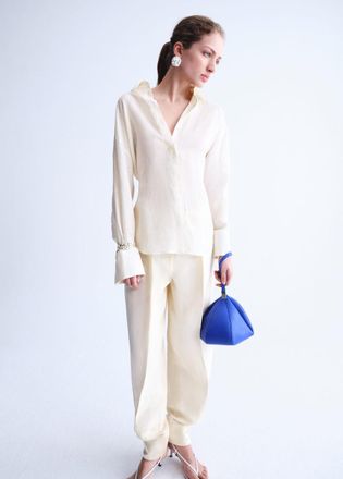 Mango Blouse lin nou&eacute;e blanc cass&eacute; - Femme - S - MANGO