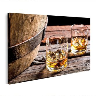 Islandburner Bild auf Leinwand Whisky Glaeser und Fass auf Holztisch Bilder Wandbilder 80x40cm