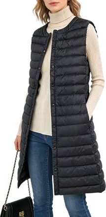 Generic Long gilet matelass&eacute; sans manches pour femme avec col rond - V&ecirc;tement dext&eacute;rieur l&eacute;ger, Noir, 3XL