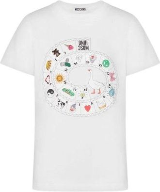 Moschino unisex, Tops, Blanc, Taille: S T-Shirt en jersey de coton avec imprim&eacute; doie