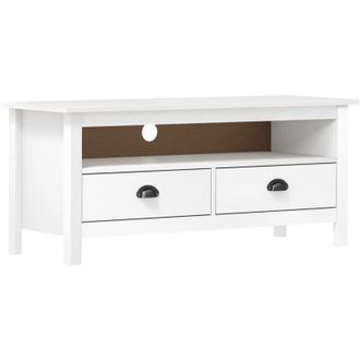 vidaXL Vidaxl - Meuble TV blanc 110x40x47 cm en bois de pin massif - 2 tiroirs avec poign&eacute;es - Gamme Hill pour rangement optimis&eacute;
