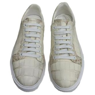 Generic Authentique peau de crocodile exotique unisexe pour homme Chaussures de planche blanche en cuir véritable alligator pour homme à lacets décontractés, 