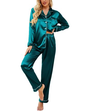 Ekouaer Seide Pyjama Set Langarm Schlafanzug Damen mit Knopf Seide Zweiteiliger Pjs Sets Hausanzug,Blau Grün,XXL
