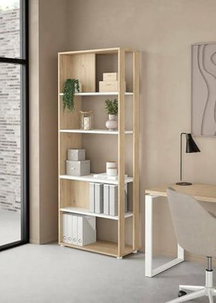 Dmora Bücherregal Colette, Büroregal, Mobiler Buchhalter, Bücherbrett, 80x34 h205 cm, Eiche und Weiß