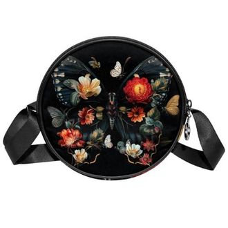 Generic Sac &agrave; bandouli&egrave;re rond pour femme, motif floral et papillon, petit sac &agrave; dos &agrave; bandouli&egrave;re avec fermeture &eacute;clair, bretelles r&eacute;glables, sac &agrave; main rond