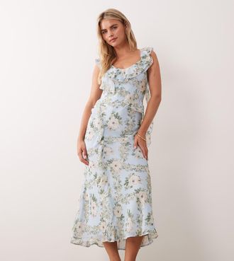 New Look Petite Robe mi-longue en mousseline &agrave; fleurs et volants - Bleu