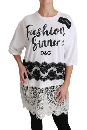 Dolce & Gabbana Lace-Trimmed Logo-Print T-Shirt - White