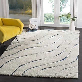 Safavieh Zottelig Teppich für Wohnzimmer, Esszimmer, Schlafzimmer - Florida Shag Collection, Hoher Flor, Creme und Blau, 160 X 229 cm