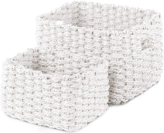 Compactor RAN7418 Set aus 2 weißen Aufbewahrunskörben geflochtener Papierfaser, Großes Modell mit Griffen, weiß
