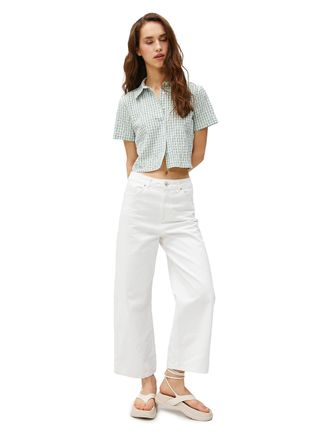 Koton Women Check Short Sleeve Button Detail Crop Shirt