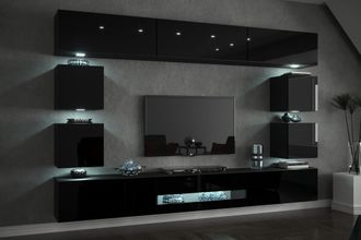 Furnitech Wohnwand Wohnzimmer | Wohnzimmer Möbel mit LED RGB - 16 Farben | Hängend Wohnwand Modern | Wohnzimmer Schrankwand mit Regale und TV Schrank (Future C8