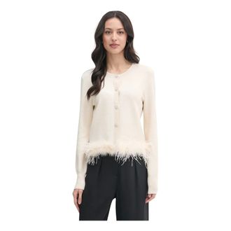 Oui Cardigan en maille &agrave; garniture en plumes - Femme - Pulls - Beige - Taille: 36 FR
