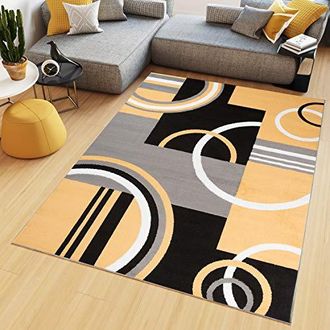 Tapiso Maya Tapis Poil Court Moderne Jaune Gris Noir Blanc G&eacute;om&eacute;trique Motif Lignes Cercles Tapis Salon Chambre Salle &agrave; Manger Adulte Bureau Oeko-TEX R&eacute;sista