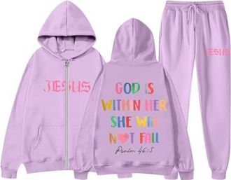 Generico Ensemble de surv&ecirc;tement 2 pi&egrave;ces pour femme avec imprim&eacute; lettres, ensemble dentra&icirc;nement avec fermeture &eacute;clair &agrave; manches longues et pantalon de sport 