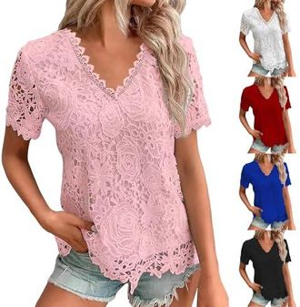 Generic 2025 T-Shirts &agrave; Manches Courtes Femme Sexy- Haut Dentelle Col Rond Crochet Double &Eacute;paisseur Ample Couleur Unie Top D&eacute;contract&eacute; Tendance &Eacute;t&eacute; &Eacute;l&eacute;gants C
