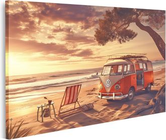 Islandburner Bild auf Leinwand Sonnenuntergang am Strand mit Kult Bus für Wohnzimmer Strandliebhaber Surfshop Bilder Wandbilder Poster