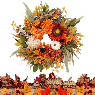 Generico Herbstkranz: Sonnenblumenkranz, Beerenkreis, rustikale Dekoration mit Ahornblättern für Haupttür, Erntedankfest,, Eingang, Fenster, Wand, Bauernhaus, 