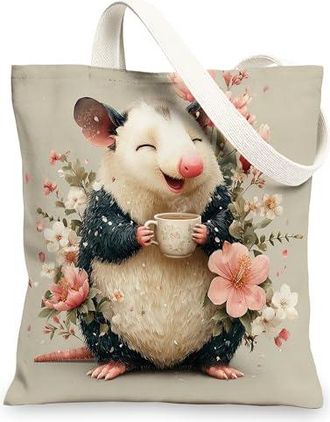 Generic Joli sac fourre-tout en toile, adorable motif floral opossum, sacs dépicerie réutilisables, légers et lavables avec bandoulière pour salle de sport, v