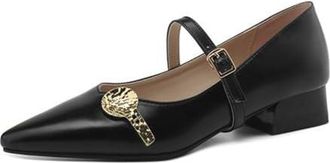 Generic Chaussures Mary Jane Chic pour Femme Bout Pointu Ornement Métal Unique Bride Réglable Talons Bas Blocs Dessus en Cuir À Enfiler Chaussures Bureau,Noir