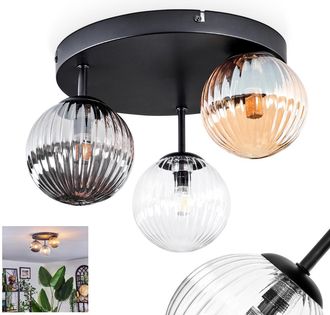 HOFSTEIN Deckenleuchte Chehalis, 3-flammige Deckenlampe aus Metall/Riffelglas in Schwarz/Bernstein/Rauch/Klar, Leuchte im Retro/Vintage-Design (Schirme &Oslash; 12cm)