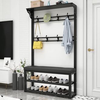 Generic 3-in-1 Metall-Garderobe mit Schuhbank, 10 Haken und 2 Schuhablagen - Moderner Garderoben-Organizer f&uuml;r den Eingangsbereich, einfache Montage, Schwarz,