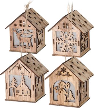 Com-Four 4-teiliges LED Hängedeko-Set aus Holz - Hängefigur Haus mit Beleuchtung - weihnachtliche Dekoration zum Aufhängen - Weihnachtsdeko [Auswahl variiert] 