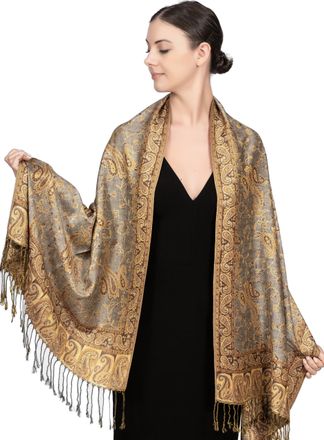 achillea Weicher, seidiger, wendbarer Paisleymuster, Pashmina-Schal mit Fransen, Grau-Bronze, 28 W x 76 L