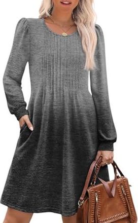 Generic Mini robe boh&egrave;me ombr&eacute;e &agrave; manches longues et col rond pour femme, robe d&eacute;contract&eacute;e fluide avec poches lat&eacute;rales, douce, extensible, confortable, robe