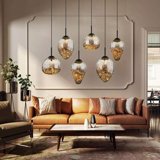 Globo Lighting Pendellampe led Esstischleuchte Rauchglas Wohnzimmerlampe H&auml;ngeleuchte 6 Flammig, Metall, 48W 2860lm warmwei&szlig;, LxBxH 97x32x120 cm